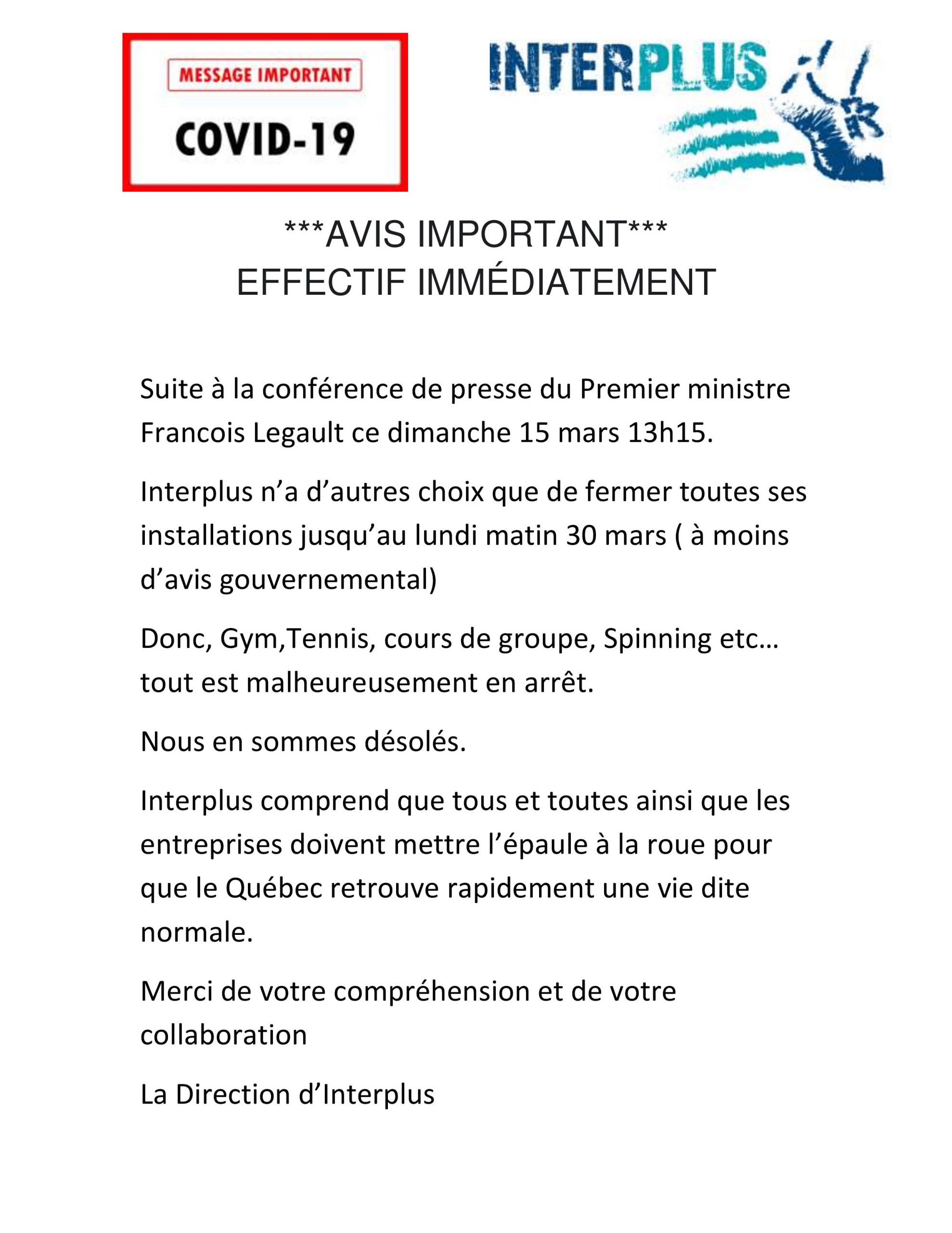 Avis IMPORTANT à tous nos membres et visiteurs 15 mars-page-001 – Interplus